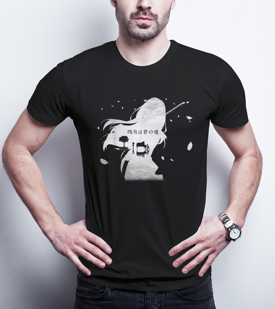 Your Lie In April Anime Piano And Violin Silhouette With Tree And Clouds T-Shirt