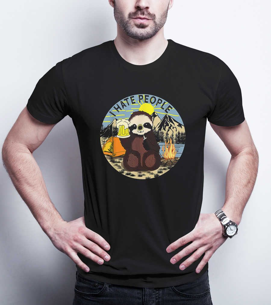 Sloth Holding Beer In Mountain Camping Scene With I Hate People Text T-Shirt