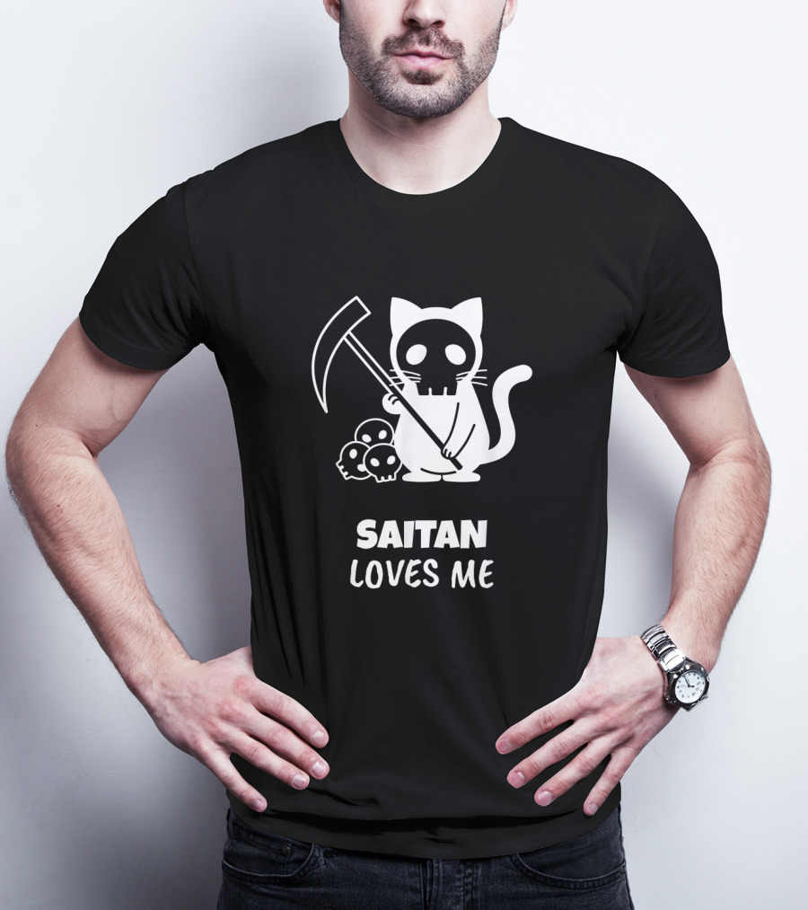 Saitan Katze Loves Me Cartoon Grim Reaper Skull 666 Der Tod T-Shirt