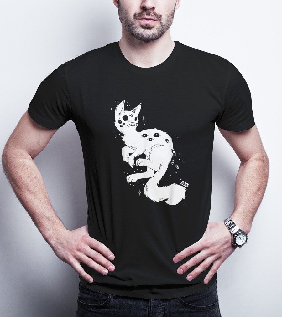 Creepy Cat Multi-Eyed Kawaii Kitty With Stars T-Shirt