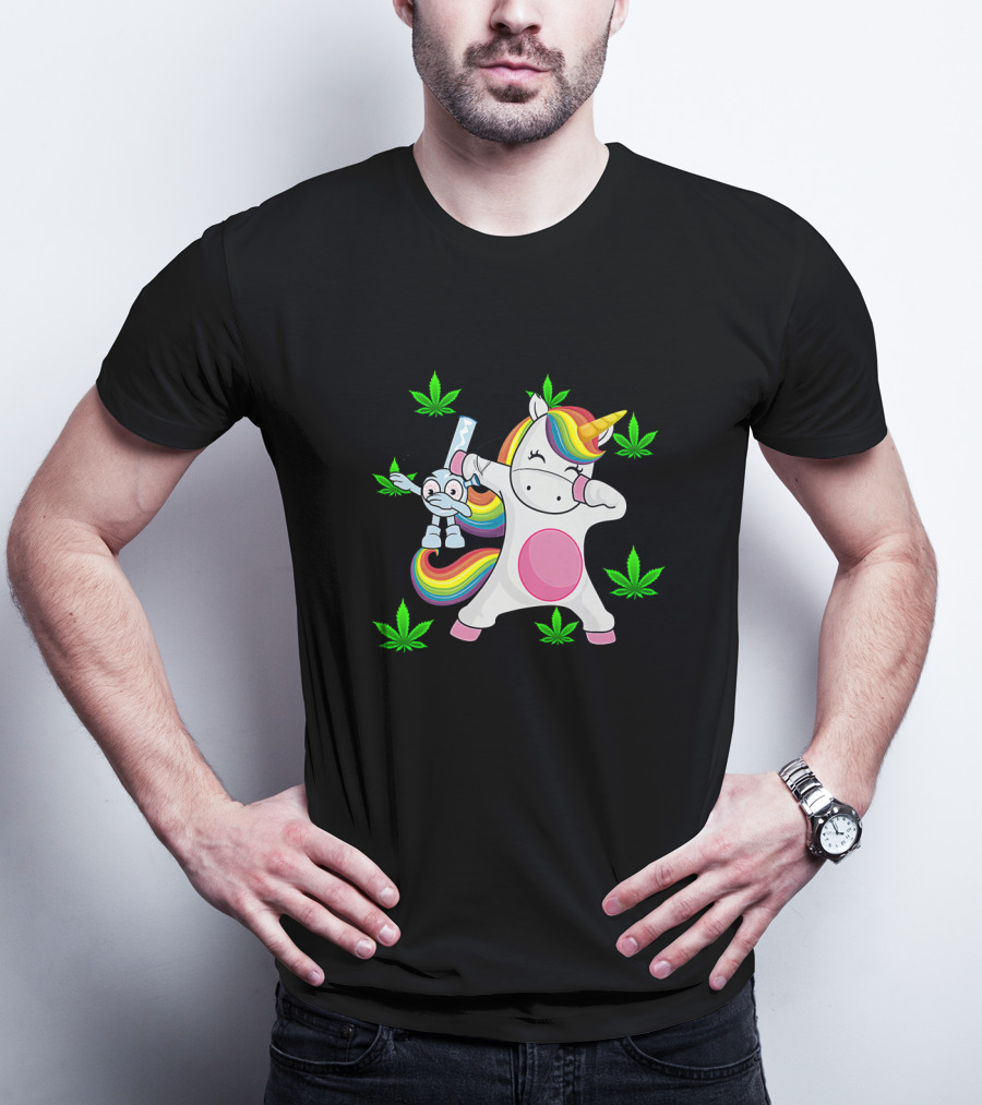 Unicorn Dab With Rainbow Bong Surrounded By Marijuana Leaves T-Shirt