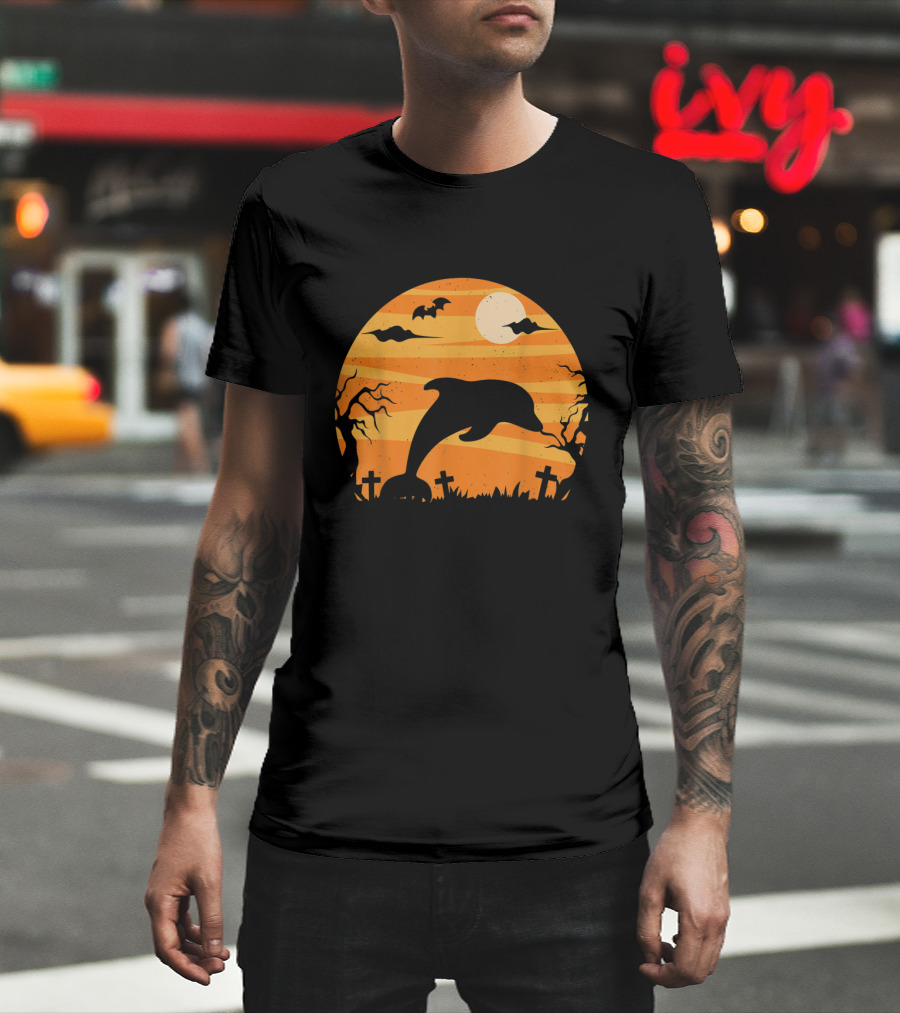 Dolphin Halloween Moon Graveyard Scene With Bats And Trees T-Shirt