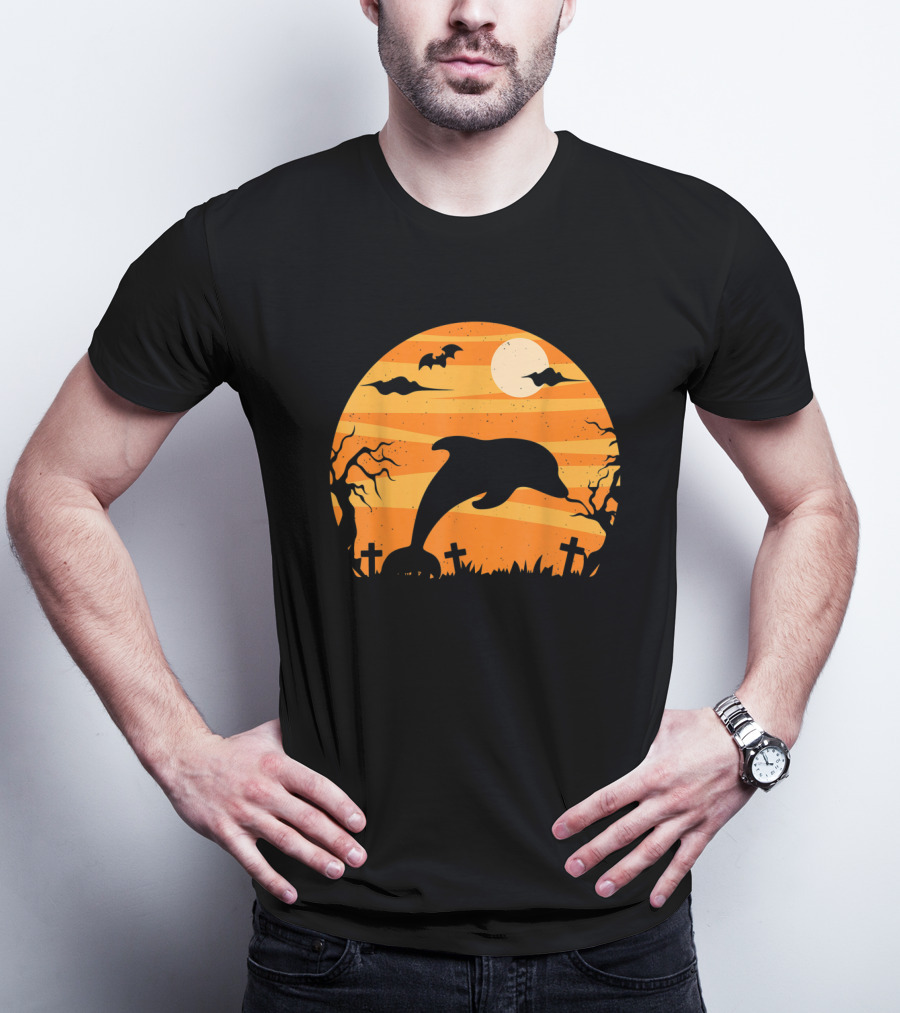 Dolphin Halloween Moon Graveyard Scene With Bats And Trees T-Shirt