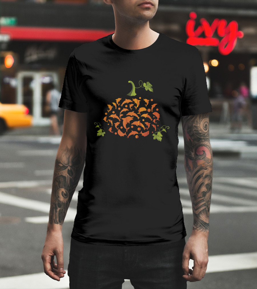 Orange Pumpkin With Dolphin Shapes Pattern Entwined With Green Leaves T-Shirt