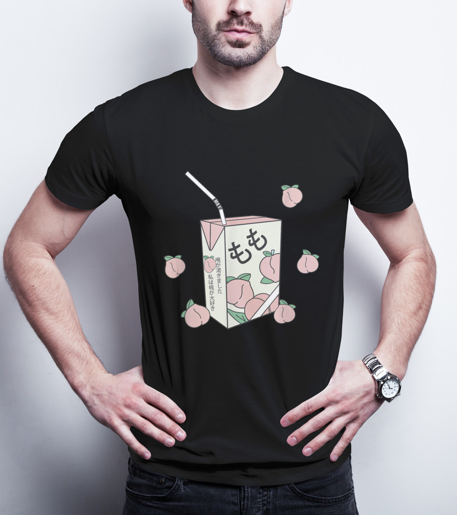 90s Japanese Aesthetic Otaku Anime Peach Juice Box With Kanji And Pastel Peaches T-Shirt