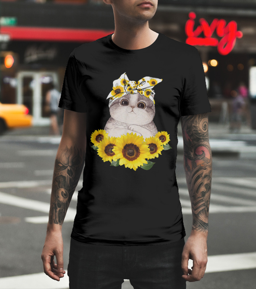 Sunflower Cat Headband Adorable Cats Lovers T-Shirt