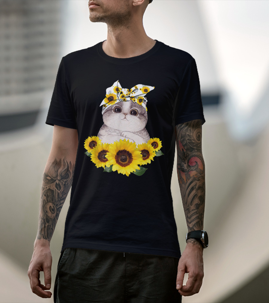 Sunflower Cat Headband Adorable Cats Lovers T-Shirt