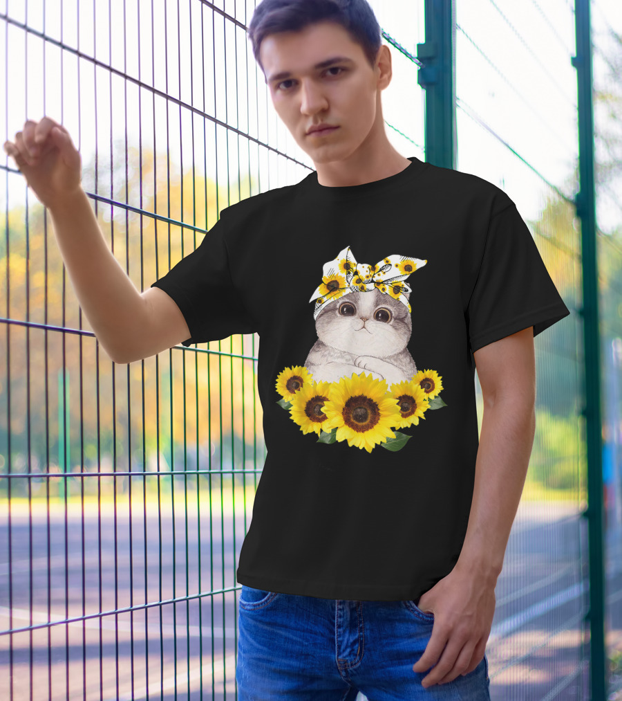Sunflower Cat Headband Adorable Cats Lovers T-Shirt
