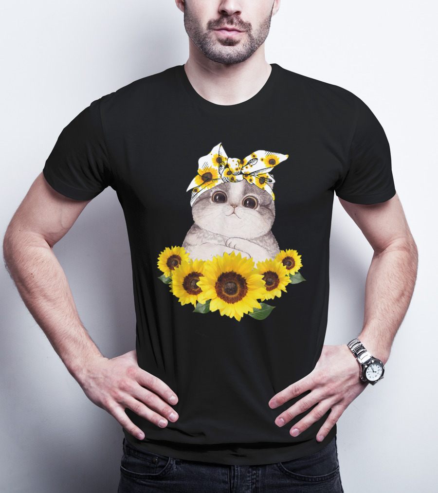 Sunflower Cat Headband Adorable Cats Lovers T-Shirt