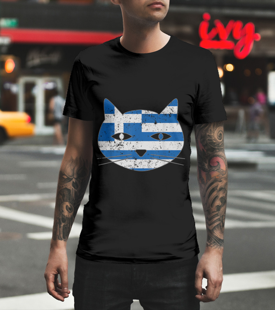 Greek Flag Cat Head Design For Cat Lovers T-Shirt