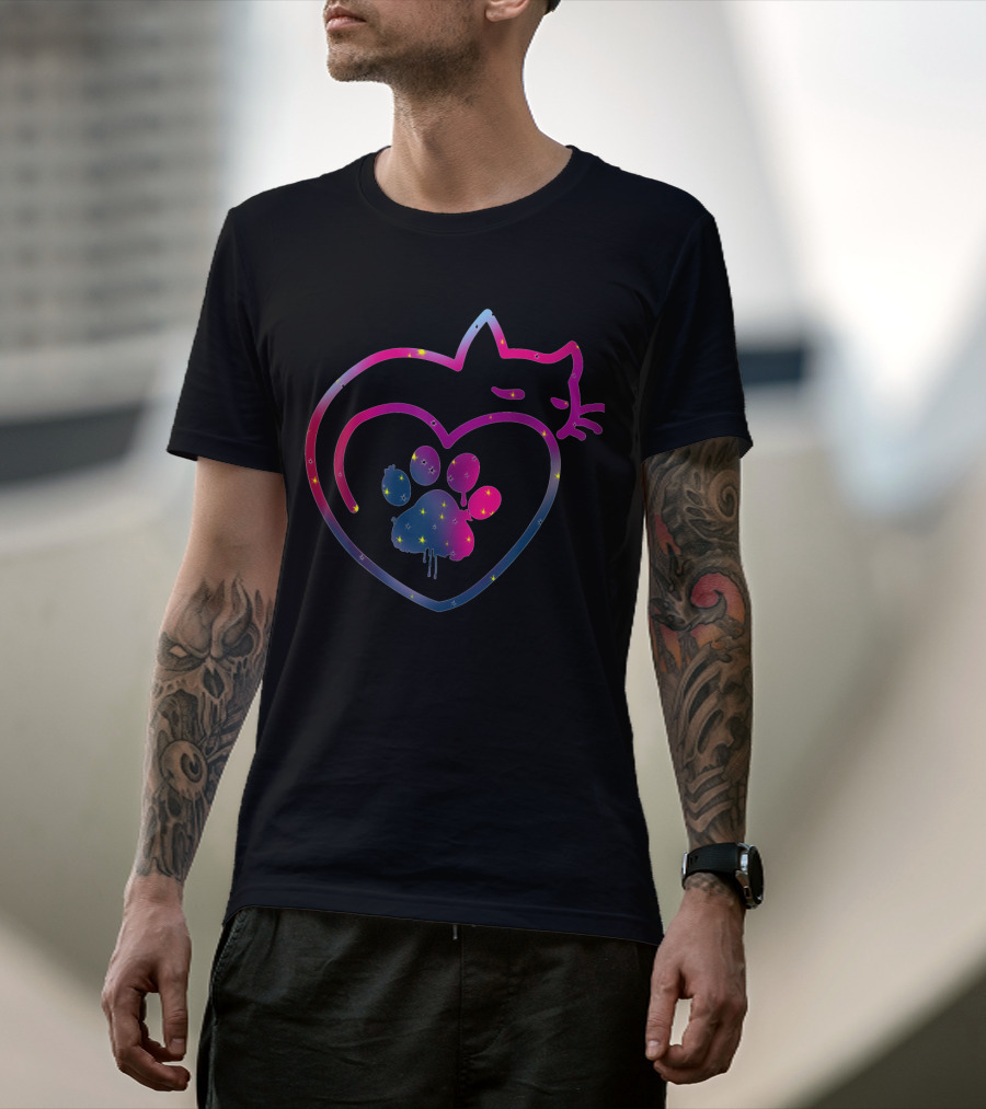 Cute Colorful Cat And Paw Heart Design For Kitty Lovers T-Shirt