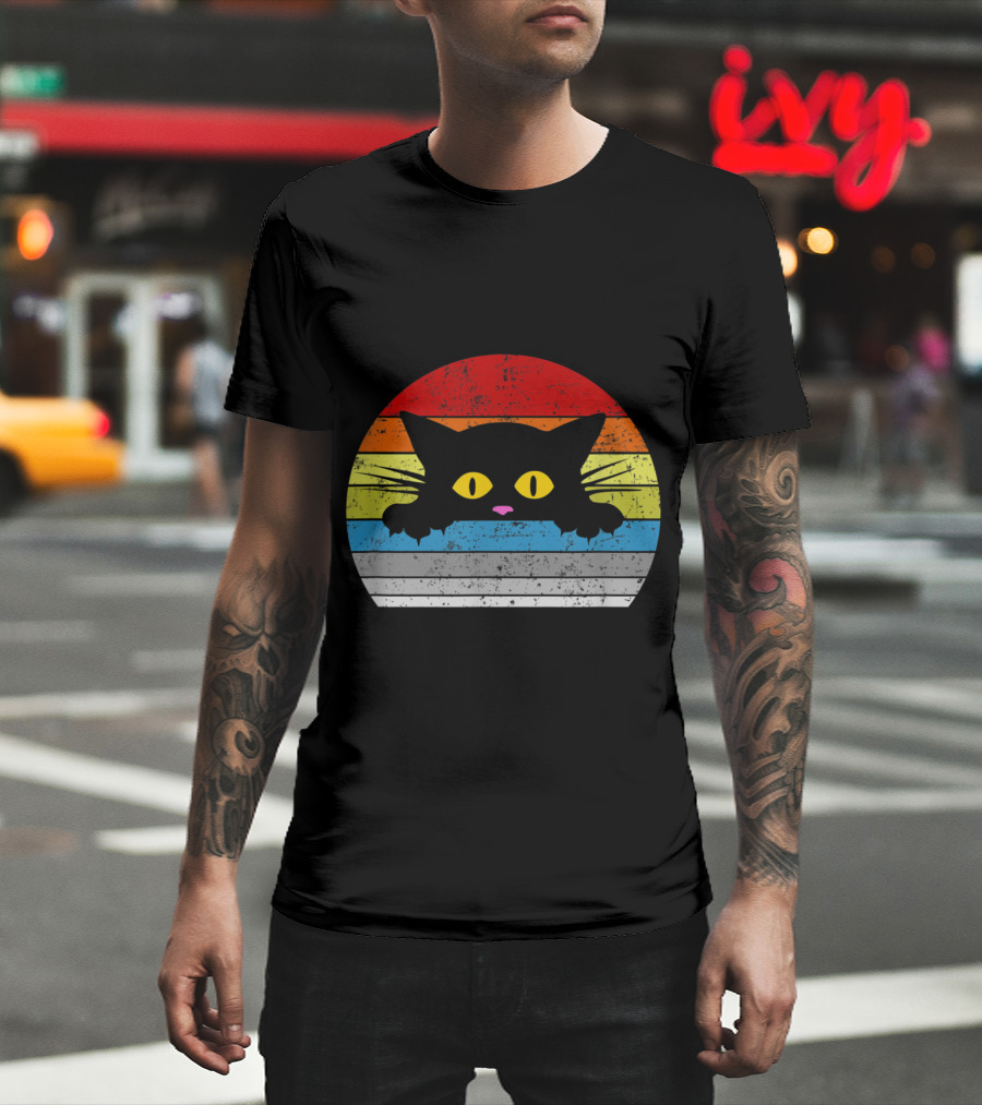 Vintage Rainbow Cat Peeking Retro 80s Style For Cat Lovers T-Shirt