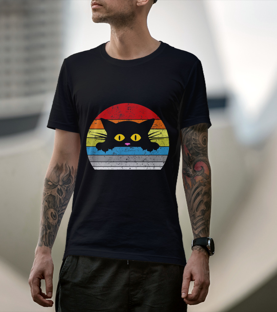 Vintage Rainbow Cat Peeking Retro 80s Style For Cat Lovers T-Shirt