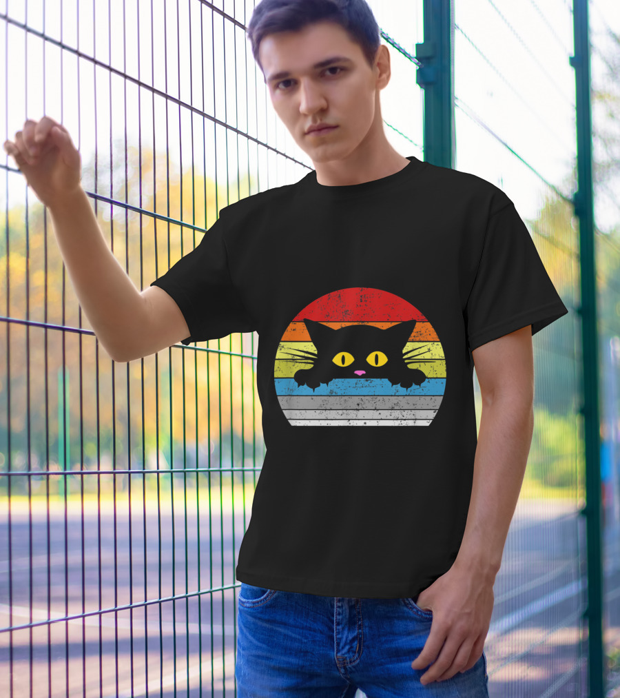 Vintage Rainbow Cat Peeking Retro 80s Style For Cat Lovers T-Shirt