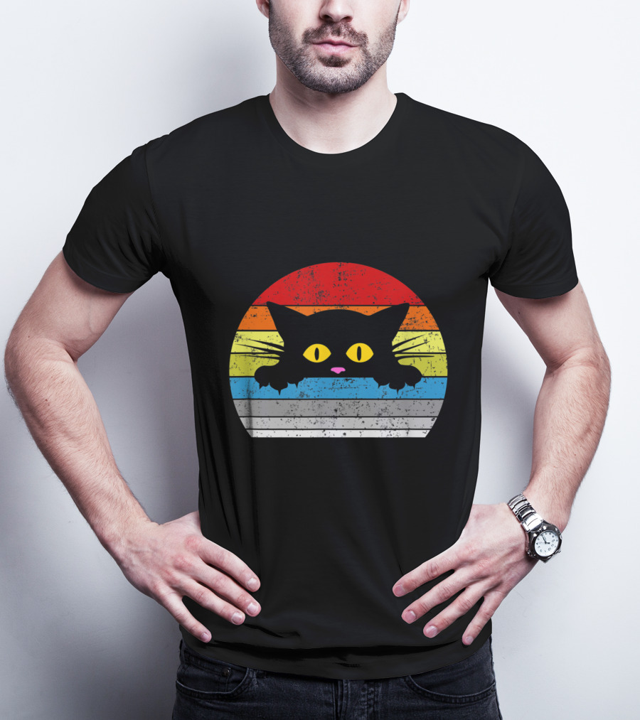 Vintage Rainbow Cat Peeking Retro 80s Style For Cat Lovers T-Shirt