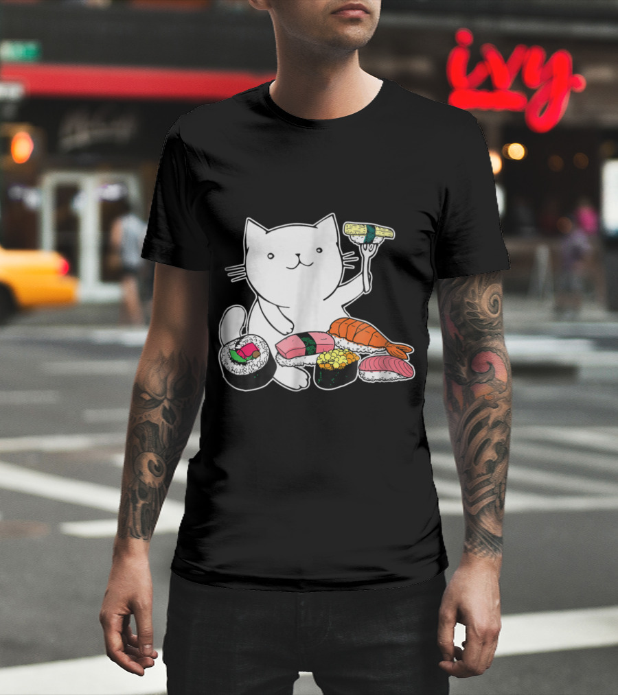 Playful Cat Enjoying Colorful Sushi Plate T-Shirt
