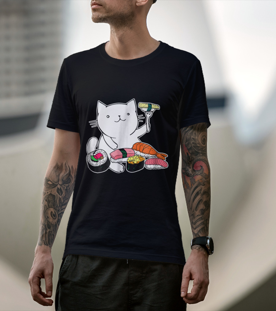 Playful Cat Enjoying Colorful Sushi Plate T-Shirt