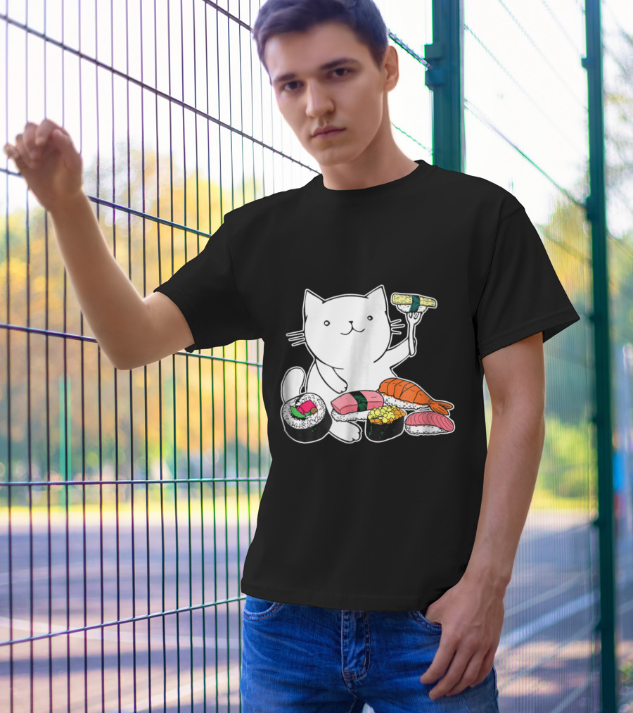 Playful Cat Enjoying Colorful Sushi Plate T-Shirt