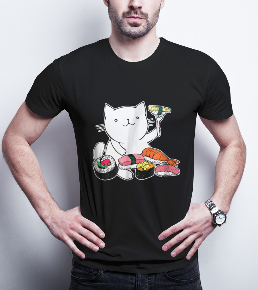 Playful Cat Enjoying Colorful Sushi Plate T-Shirt