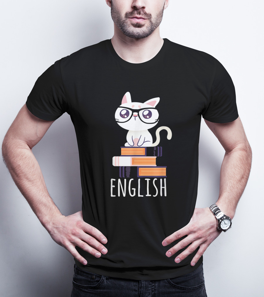 Funny Cat English Teacher Nerd Book Lover Librarian With Glasses And Books T-Shirt