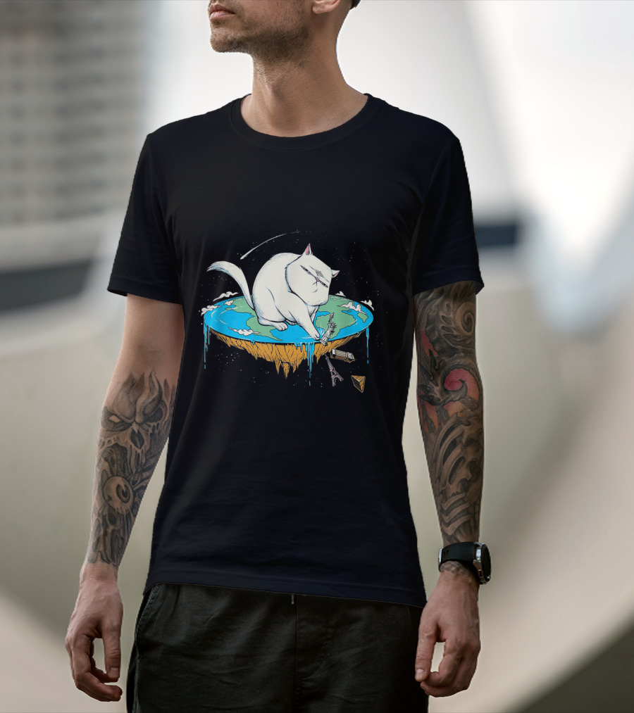 Cat Pawing Flat Earth With Iconic Landmarks For Humorous Cat Lovers T-Shirt