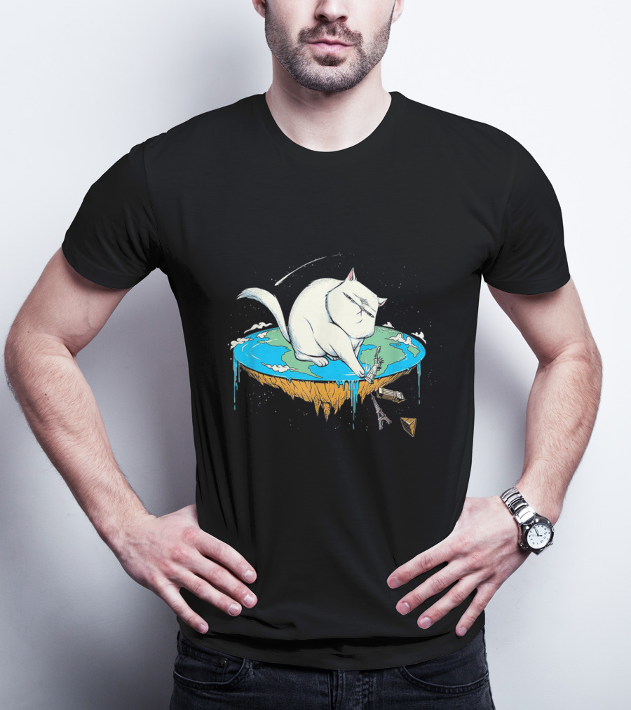 Cat Pawing Flat Earth With Iconic Landmarks For Humorous Cat Lovers T-Shirt