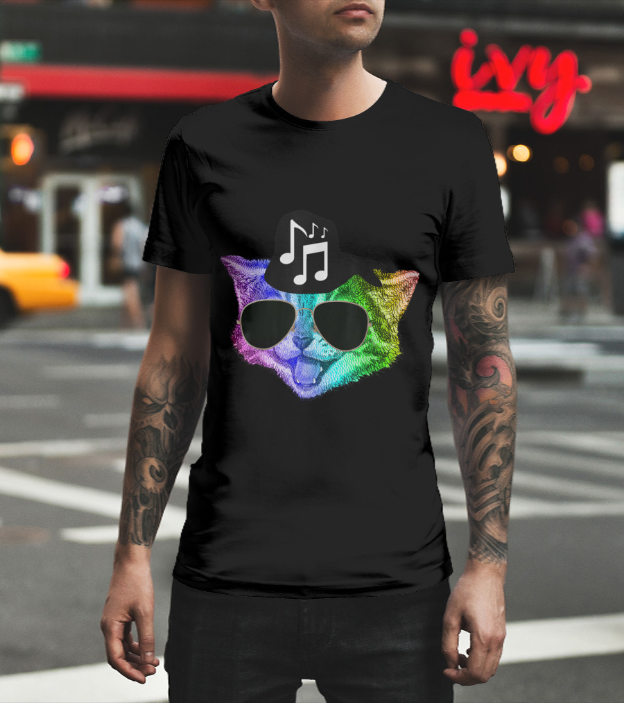 Colorful Rainbow DJ Music Kitty With Sunglasses And Hat For Feline Cat Lovers T-Shirt