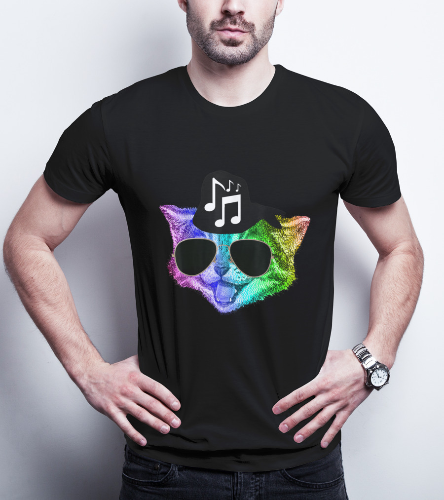 Colorful Rainbow DJ Music Kitty With Sunglasses And Hat For Feline Cat Lovers T-Shirt
