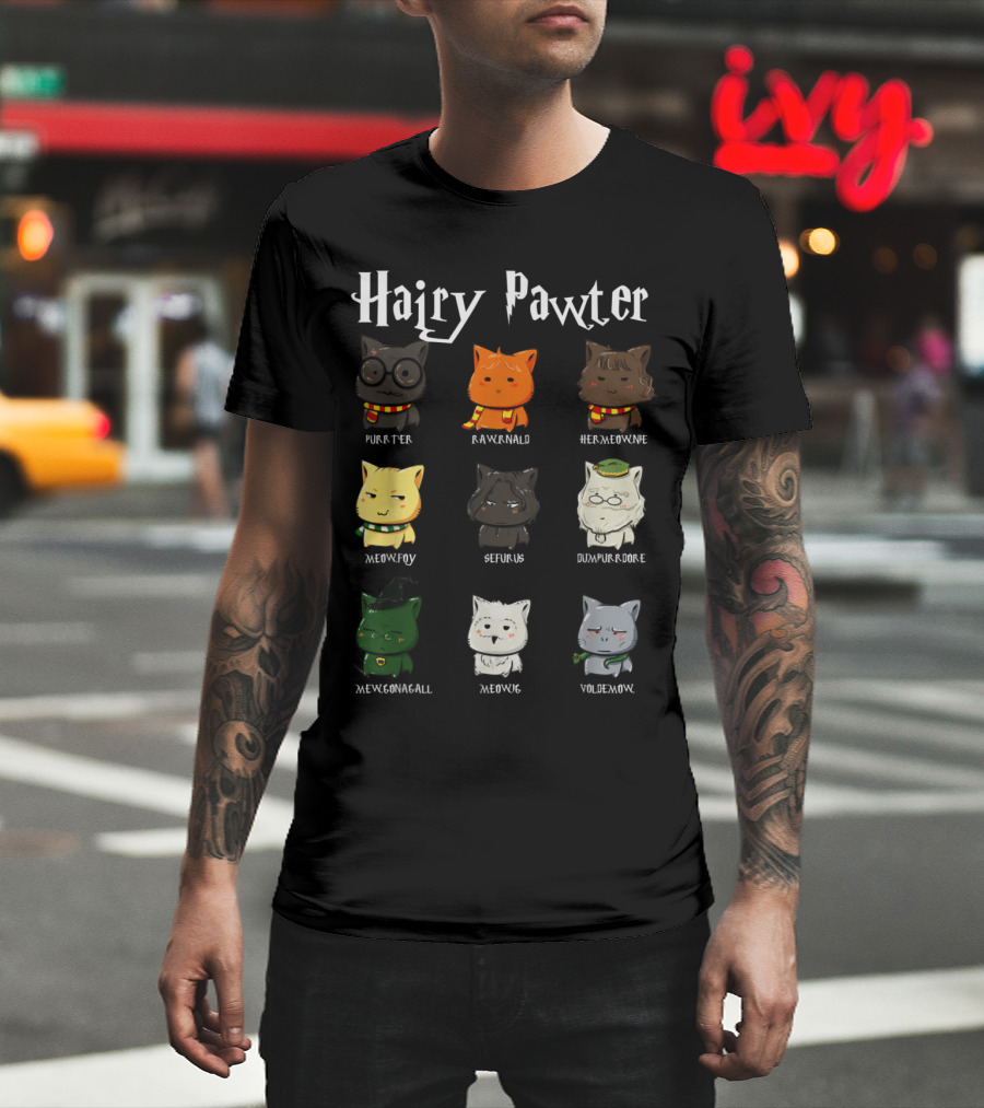 Hairy Pawter Purrter Rawrnald Hermeowne Meowfoy Seferus Dumblepurr Meowgonagall Meowg VoldeMew T-Shirt