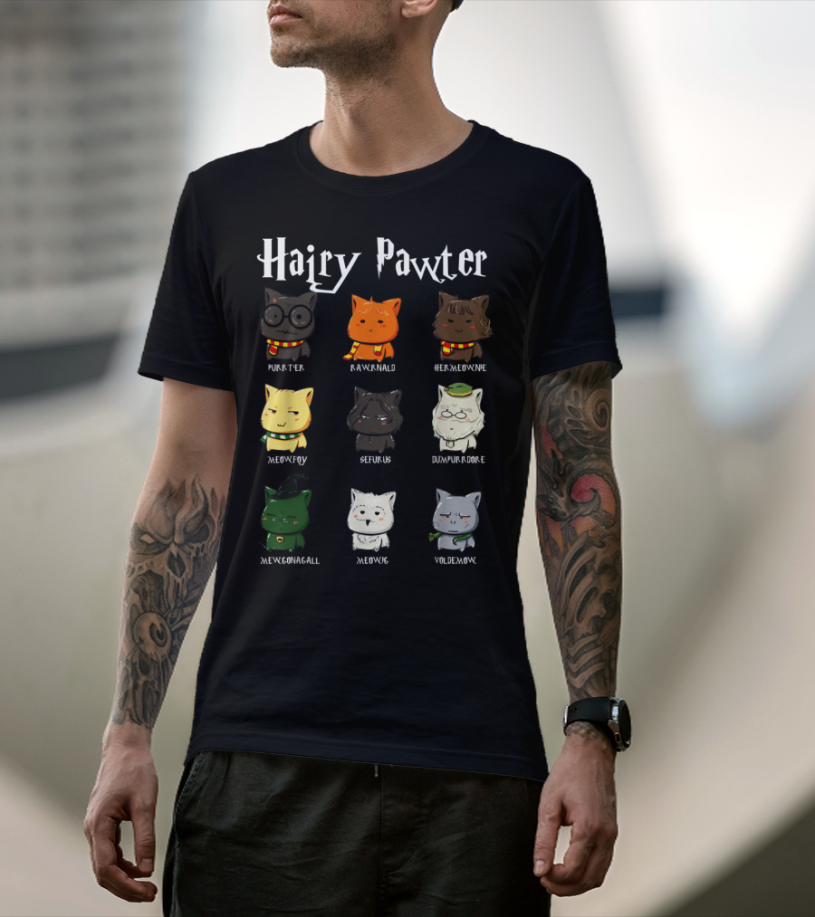 Hairy Pawter Purrter Rawrnald Hermeowne Meowfoy Seferus Dumblepurr Meowgonagall Meowg VoldeMew T-Shirt
