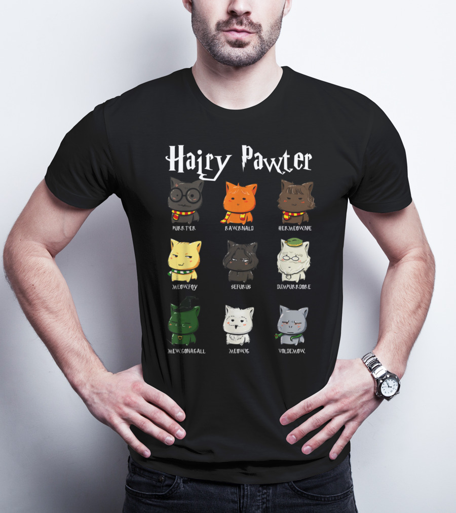 Hairy Pawter Purrter Rawrnald Hermeowne Meowfoy Seferus Dumblepurr Meowgonagall Meowg VoldeMew T-Shirt