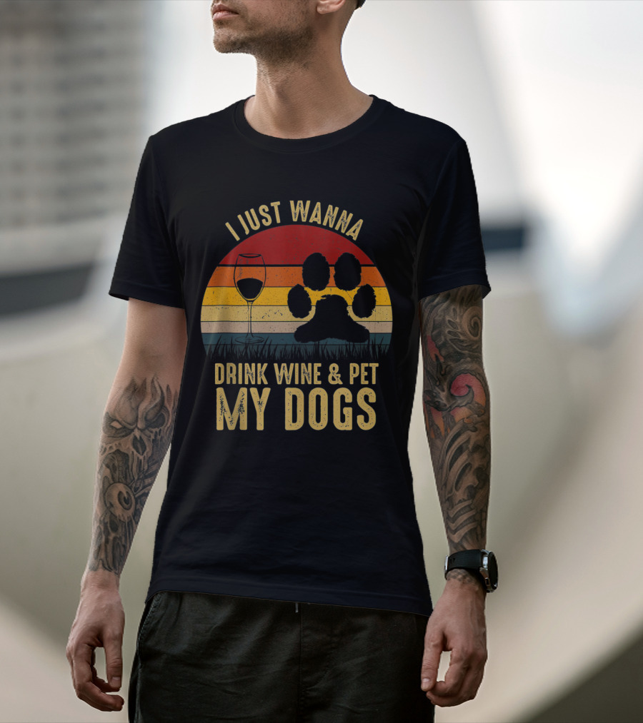 I Just Wanna Drink Wine And Pet My Dogs Retro Paw Print And Wine Glass Vintage Stripes T-Shirt