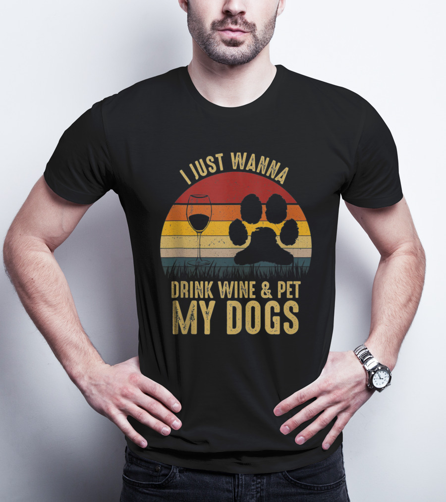 I Just Wanna Drink Wine And Pet My Dogs Retro Paw Print And Wine Glass Vintage Stripes T-Shirt