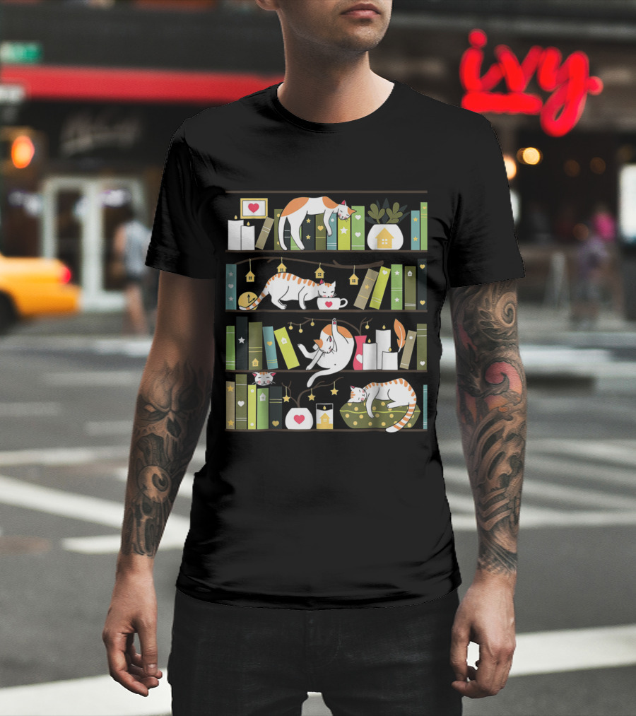 Library Cats Delightful Shelves Adorable Cats Book Lovers Day Charm T-Shirt