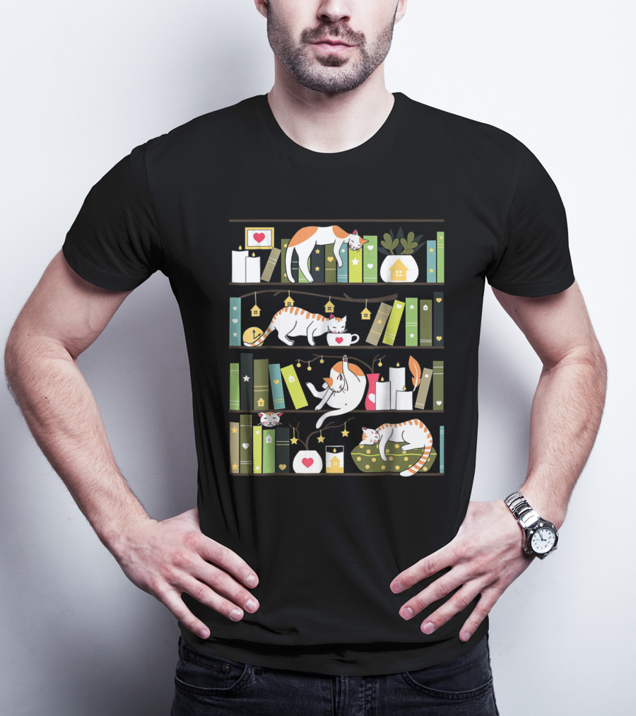Library Cats Delightful Shelves Adorable Cats Book Lovers Day Charm T-Shirt