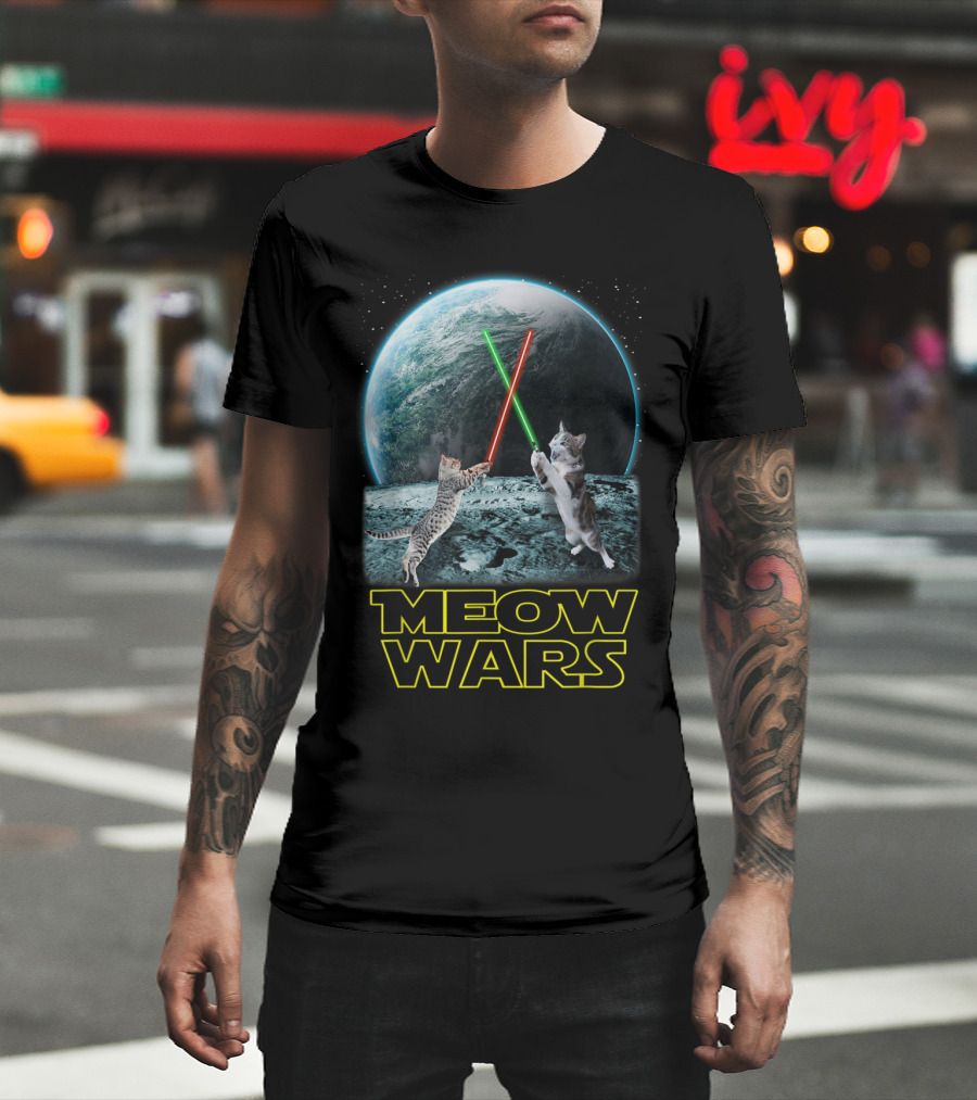 Meow Wars Funny Cats Lovers Galactic Duel With Light Sabers T-Shirt
