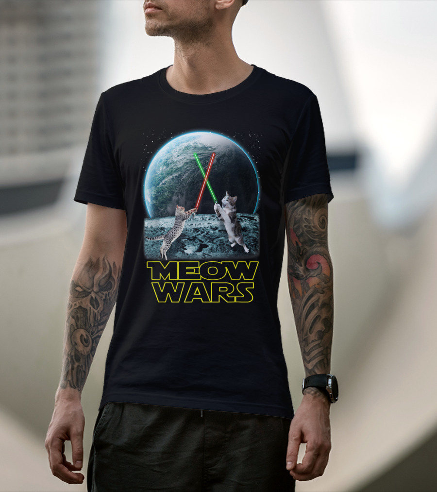 Meow Wars Funny Cats Lovers Galactic Duel With Light Sabers T-Shirt