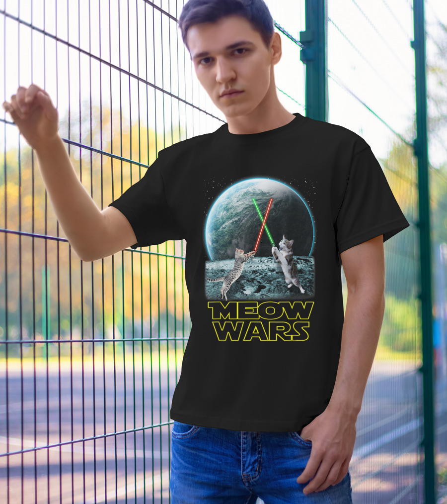 Meow Wars Funny Cats Lovers Galactic Duel With Light Sabers T-Shirt