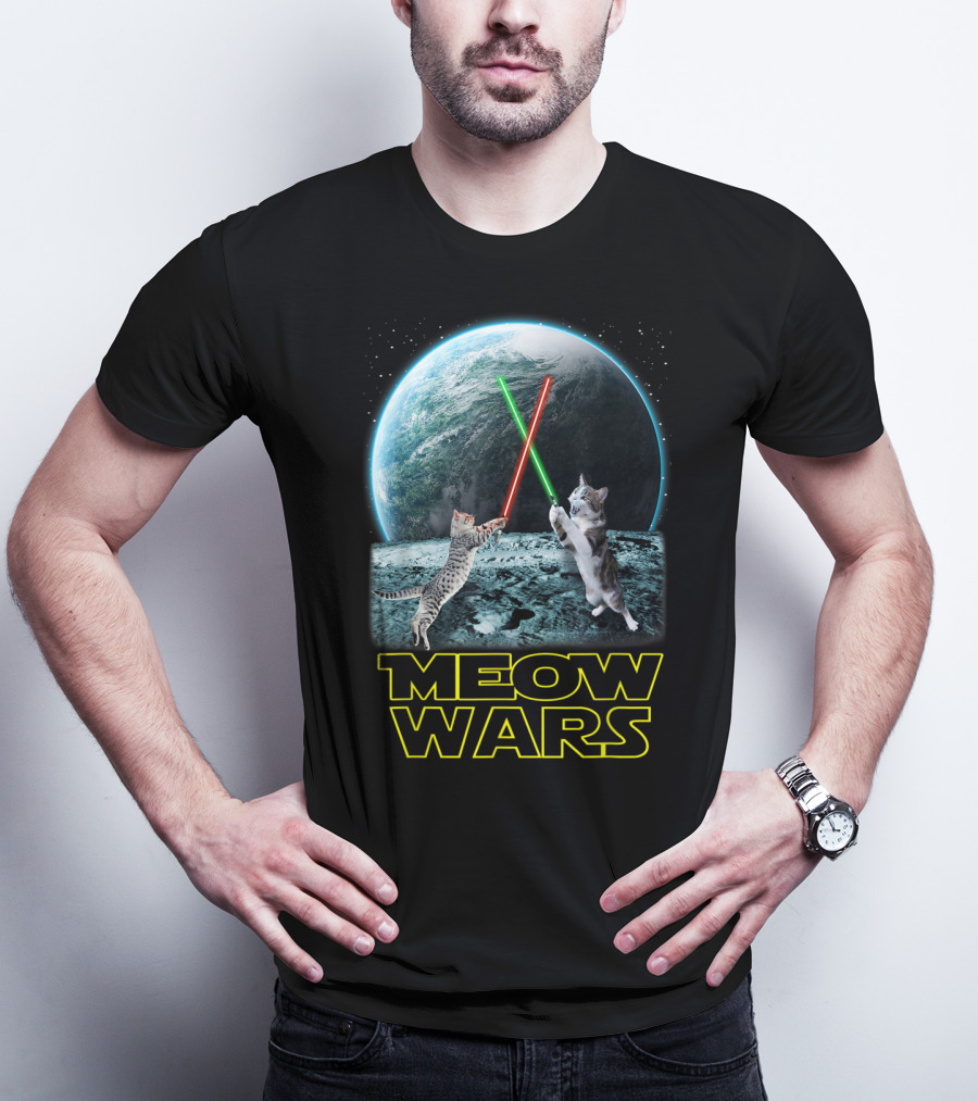 Meow Wars Funny Cats Lovers Galactic Duel With Light Sabers T-Shirt