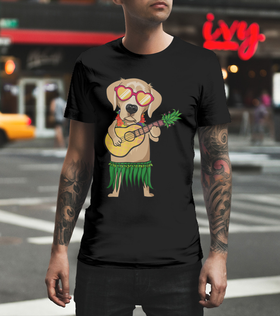 Labrador Retriever Ukulele Playing In Hawaiian Costume With Sunglasses Summer Vibes T-Shirt