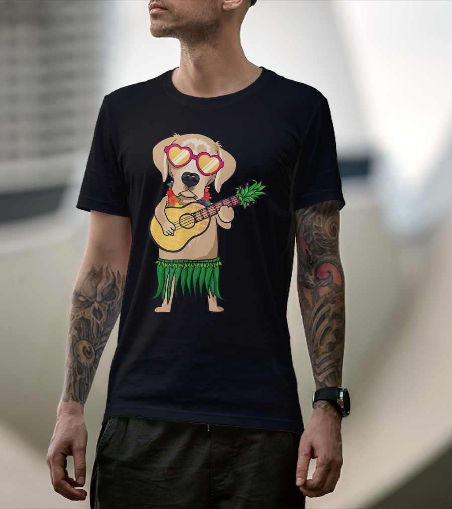 Labrador Retriever Ukulele Playing In Hawaiian Costume With Sunglasses Summer Vibes T-Shirt