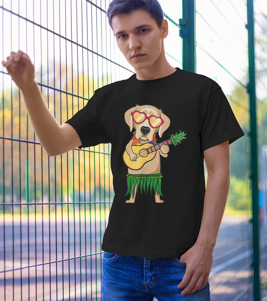 Labrador Retriever Ukulele Playing In Hawaiian Costume With Sunglasses Summer Vibes T-Shirt