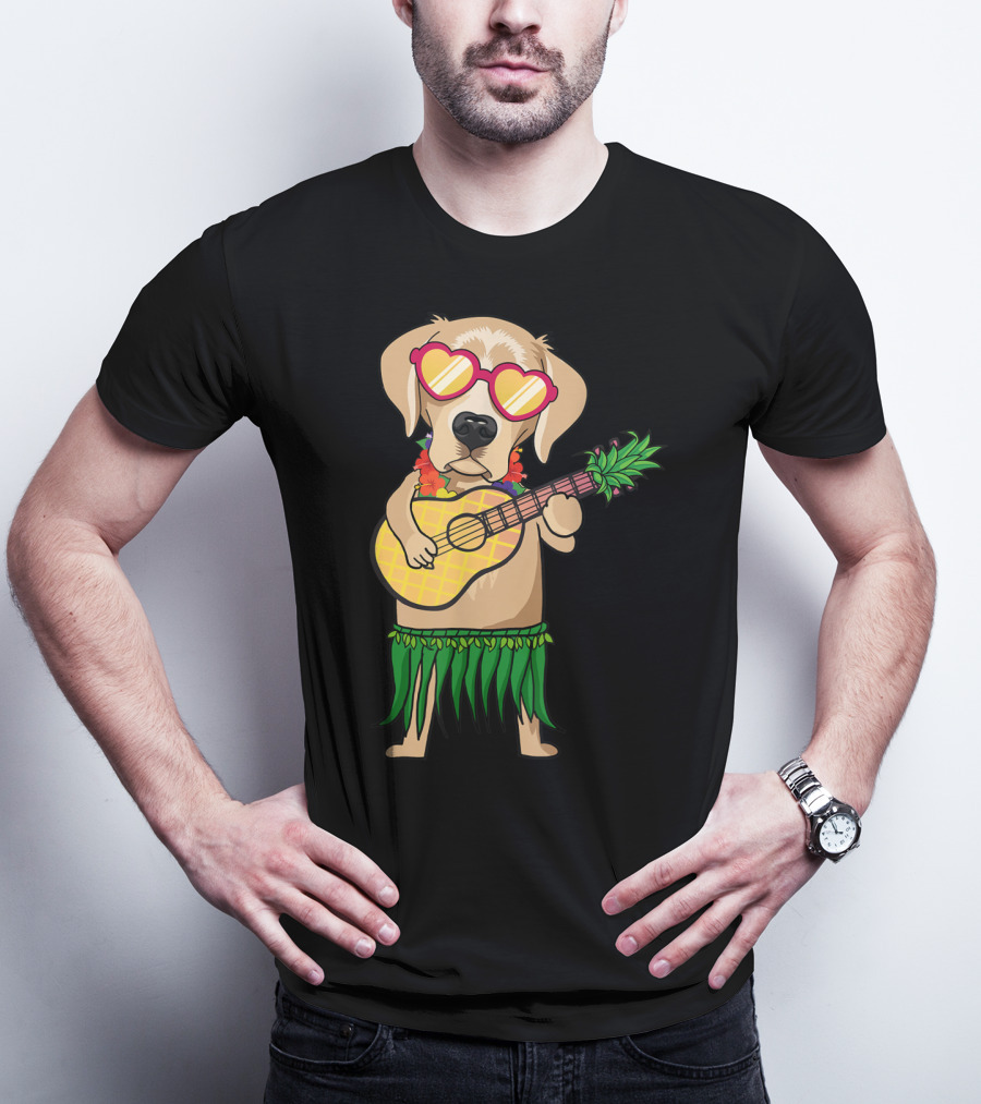 Labrador Retriever Ukulele Playing In Hawaiian Costume With Sunglasses Summer Vibes T-Shirt