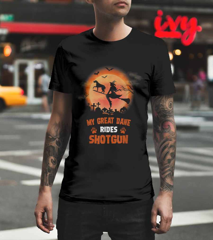 Great Dane Halloween Shotgun Witch And Dog Graveyard Scene T-Shirt