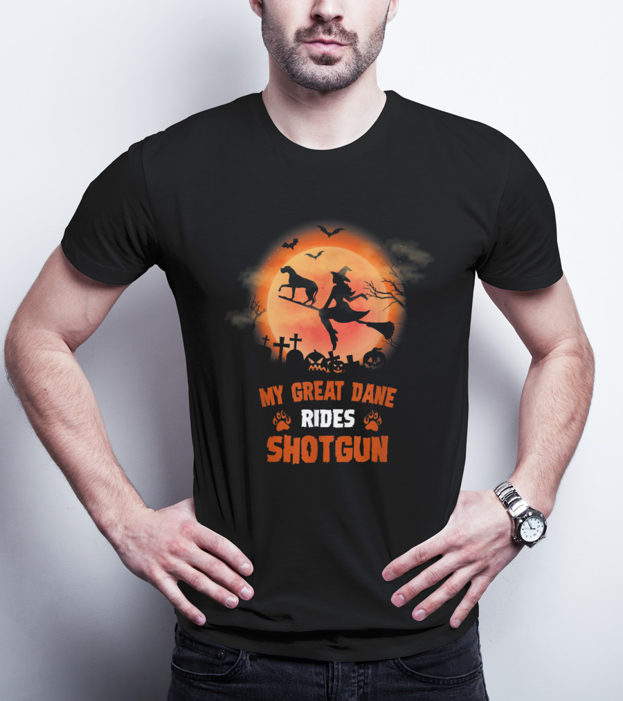 Great Dane Halloween Shotgun Witch And Dog Graveyard Scene T-Shirt