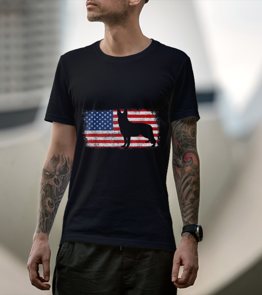 Patriotic German Shepherd American Flag Silhouette Vintage T-Shirt