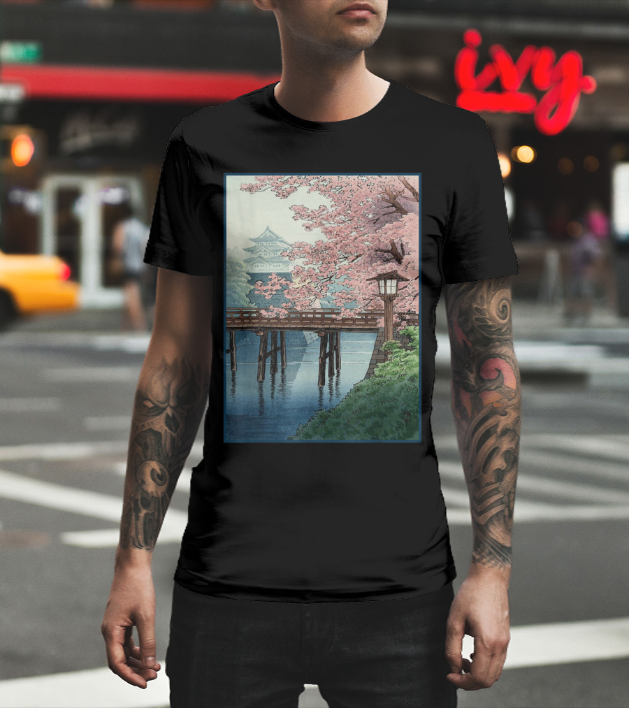 Japanese Cherry Blossom Woodblock Bridge And Pagoda Scene T-Shirt