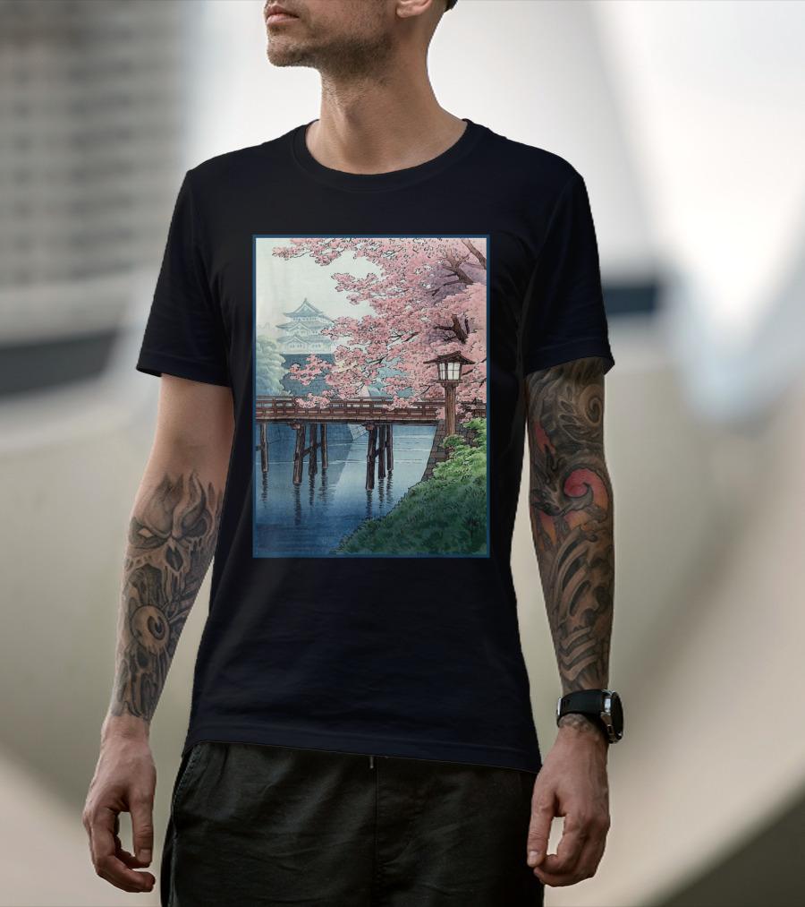Japanese Cherry Blossom Woodblock Bridge And Pagoda Scene T-Shirt