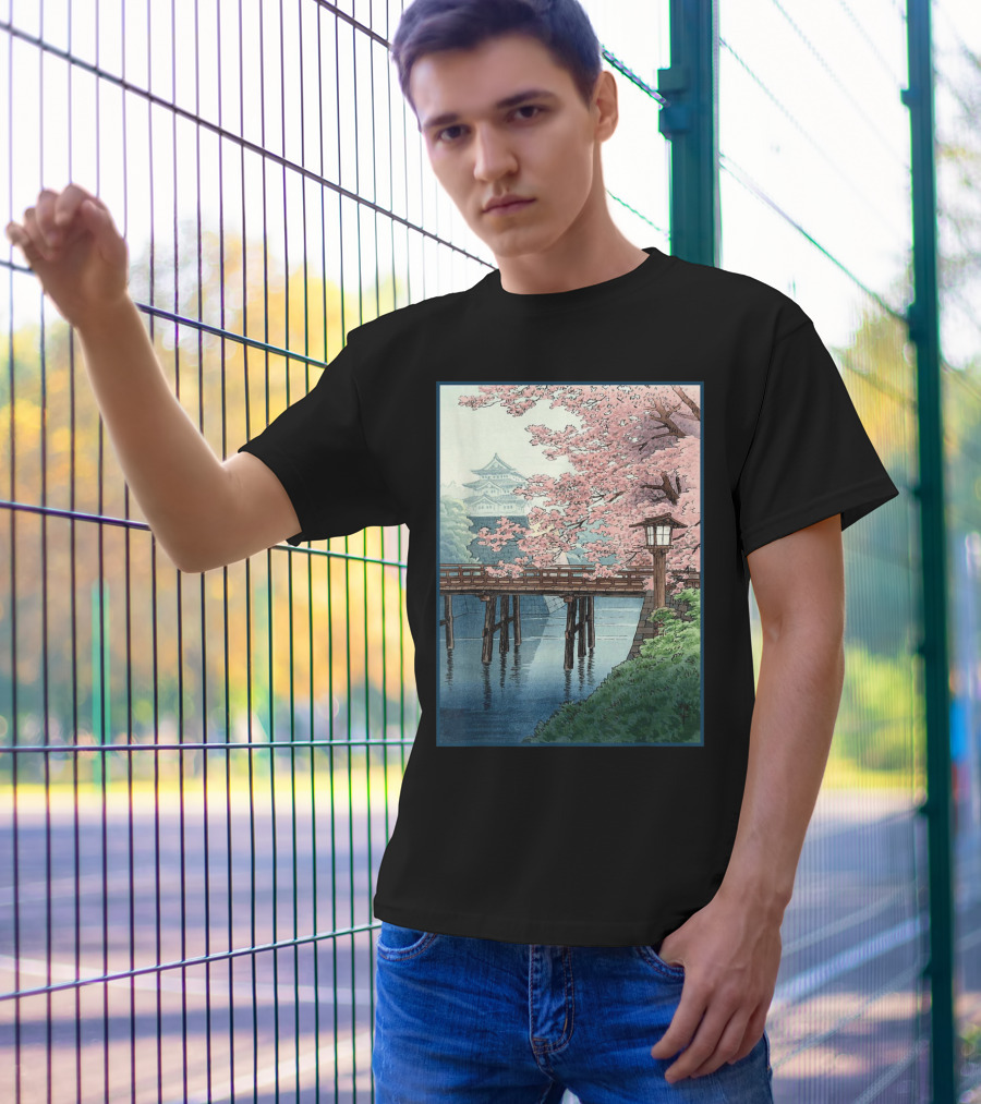 Japanese Cherry Blossom Woodblock Bridge And Pagoda Scene T-Shirt