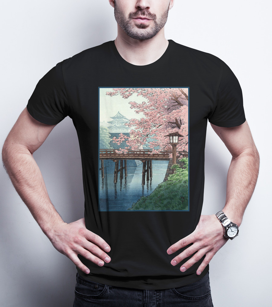 Japanese Cherry Blossom Woodblock Bridge And Pagoda Scene T-Shirt